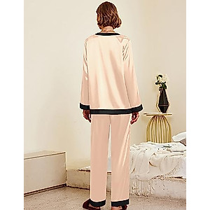 Ekouaer Satin Pajamas Silk Pjs Sets Button Down Sleepwear Set Winter Pajamas for Women with Pockets,Champagne,L
