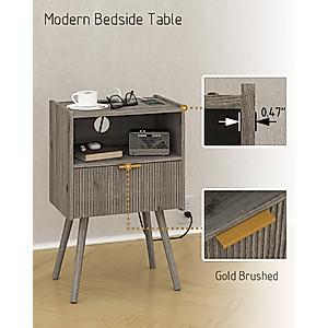 JOONEE Nightstand with Outlet,Modern Bedside Table with Storage Drawer and Open Wood Shelf, for Living Room, Bedroom and Small Spaces, Accent Night Stand with Solid Wood Legs, Easy Assembly,Grey Oak