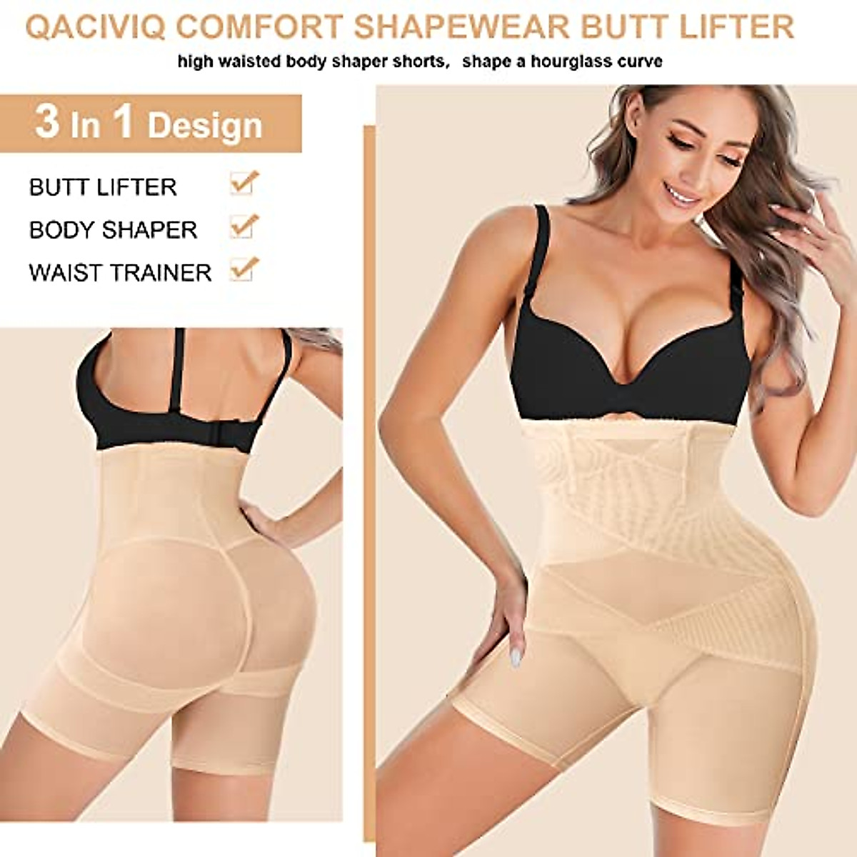 QACIVIQ Tummy Control Shapewear Panties for Women High Waist Trainer Butt Lifter Seamless Body Shaper Slip Shorts Underwear Beige