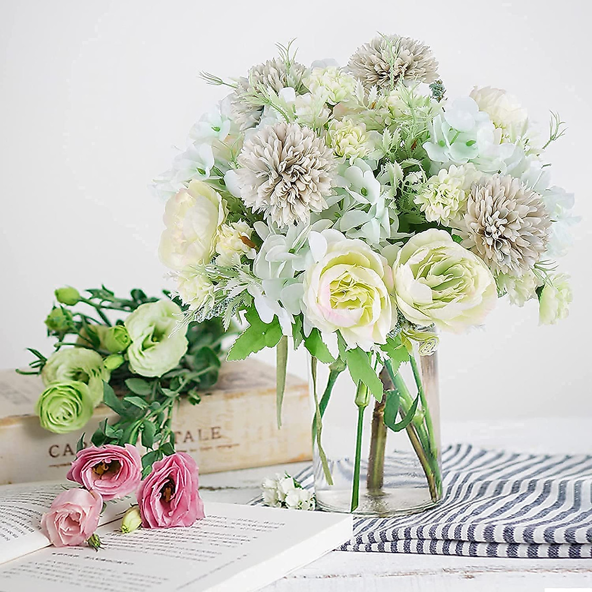 Decpro 2Pcs Artificial Peony Silk Hydrangeas Chrysanthemum Carnations Flower Bouquets for Wedding, Home Office Garden Decoration, Table Centerpieces, Floral Arrangements, Light Green