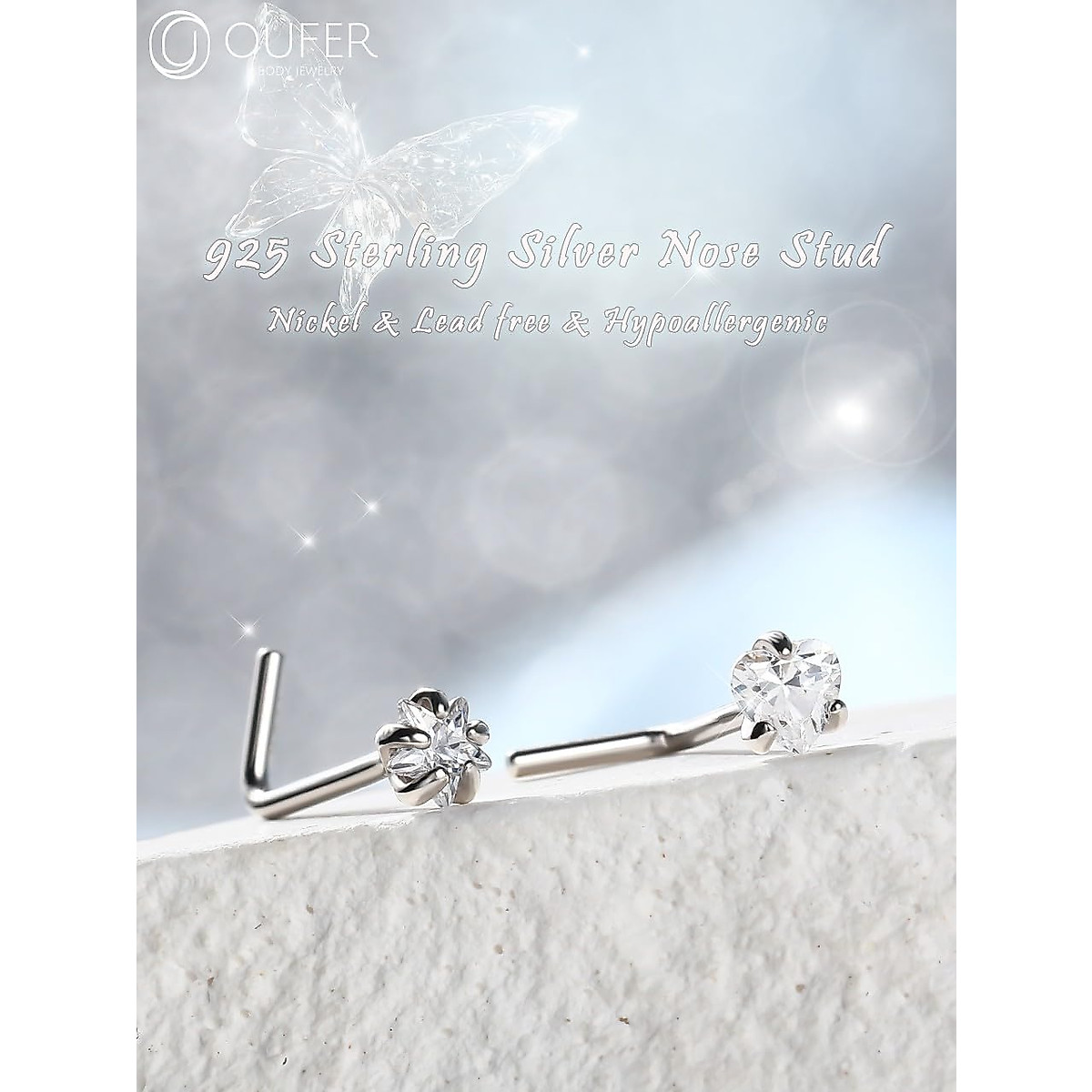 OUFER 925 Sterling Silver Nose Studs, L Shaped Nose Rings Studs, 20G Nostril Solid 3mm Star CZ Nose Piercing Jewelry, Nose Studs For Women Men (L - 3mm Star)