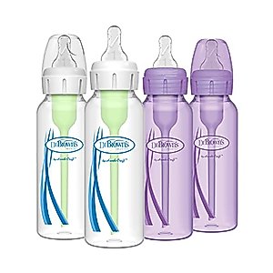 Dr. Brown’s Natural Flow® Anti-Colic Options+™ Narrow Baby Bottles, 8 oz/250ml, with Level 1 Slow Flow Nipple, 4 Pack, Purple/Clear
