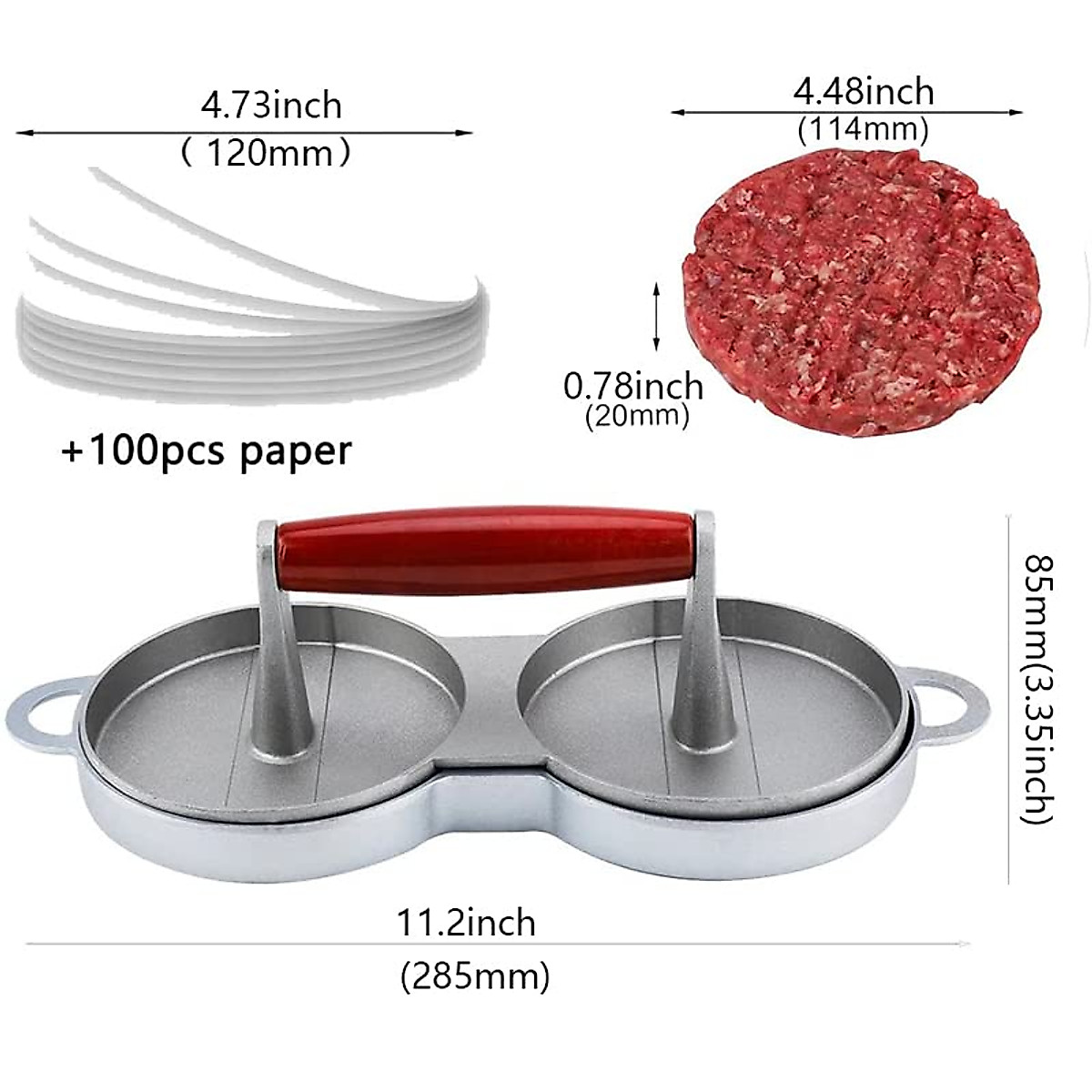 DJ.KEKAO Two at a Time Round Shape Hamburger Press Aluminum Alloy Hamburger Meat Beef Grill Burger Press Food Mold Kichen Tool with 100 Pieces Waxed Papers for Cooking (Two)
