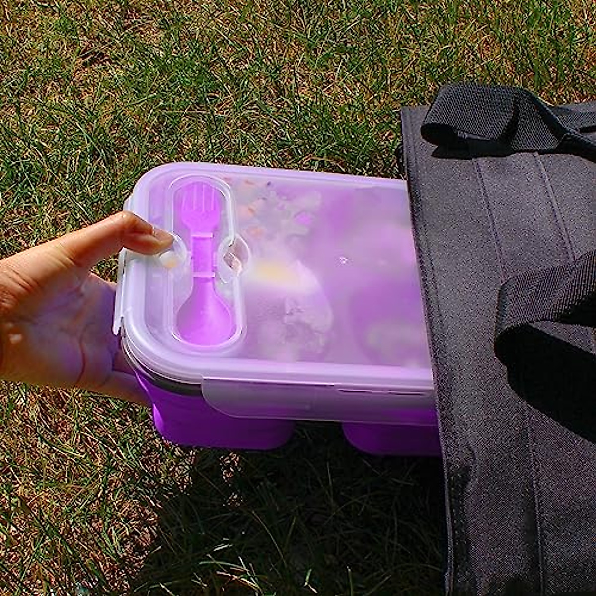 Creekview Home Emporium Collapsible Food Container - Purple Bento Lunch Box with 3 Compartments and Silverware in Lid