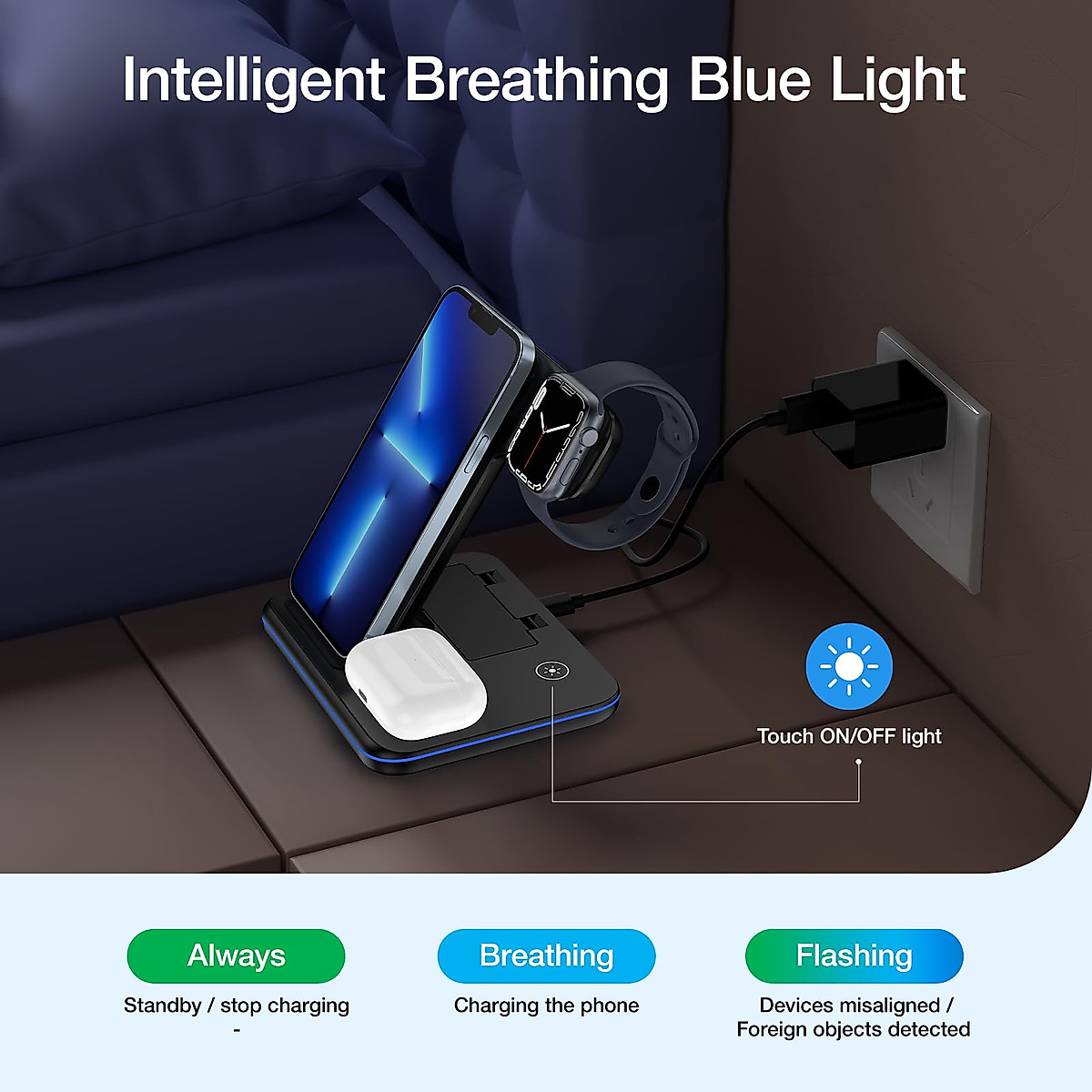 Wireless Charger 3 in 1 for iPhone/iWatch/Airpods Devices, Safe Charging Station for Apple Watch 6/SE/5/4/3/2, for iPhone16,15 14,13,12,11 (Pro, Max)/XS/XR/X/8, Compatible with Airpods 3/Pro/2