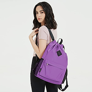 WANDF Drawstring Backpack Sports Gym Bag with Shoes Compartment, Water-Resistant String Backpack Cinch for Women Men(Large,Purple)