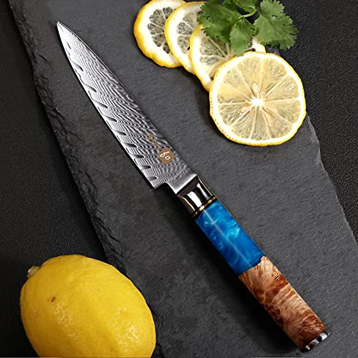 Cloverpeia Utility Knife 5 inch, Paring Knife Japanese Damascus Steel Kitchen Knife VG10 Full Tang Resin&Wood Handle with Gift Box, Fruits and Vegetables Chopping Carving Knives