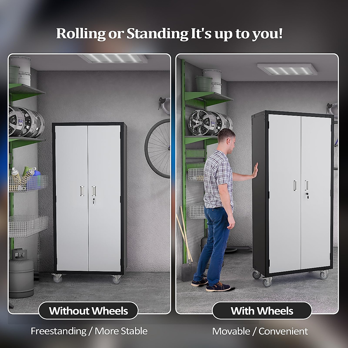 VINGLI 72'' Tall Garage Storage Cabinet, Metal Storage Cabinet with Wheels, Locking Doors and Adjustable Shelves (Black & Silver, 32''W x 16''D x 72''H)