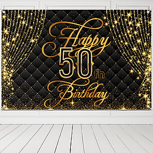 Happy 50th Birthday Banner Backdrop Royal Curtain Decorations Black Gold Background 50 Years Old Bday for Women Men Photography Party Decor Supplies