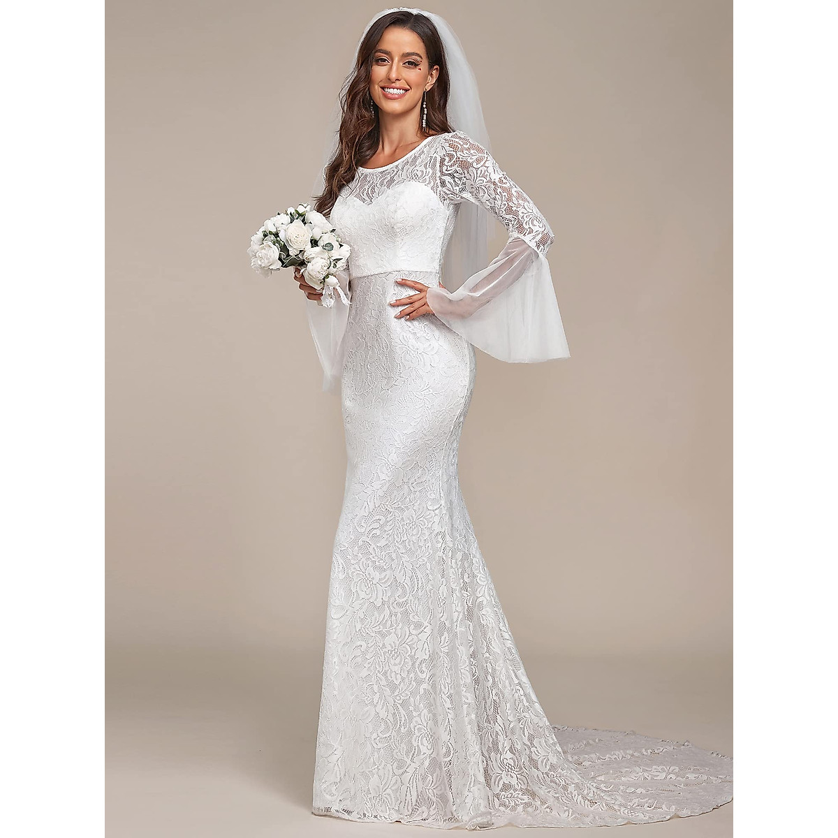 Ever-Pretty Women Lace Flare Sleeve Long Bridesmaid Dress Evening Party Dress White US16