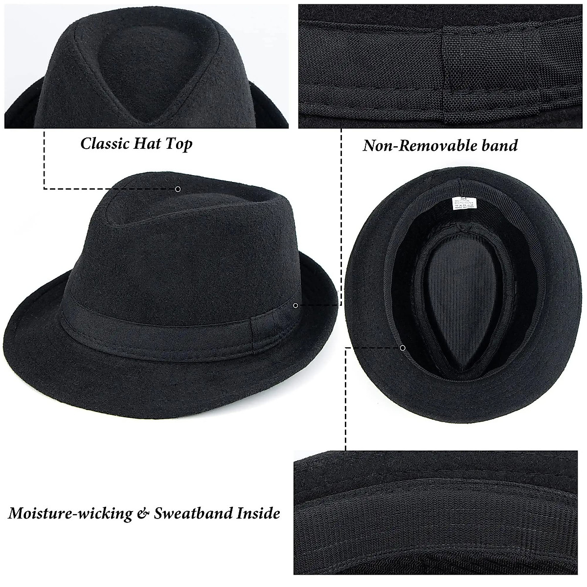 Unisex Classic 20s Trilby Fedora-Hat Casual Manhattan Short-Brim Structured Gangster Panama Felt Jazz Cap Black