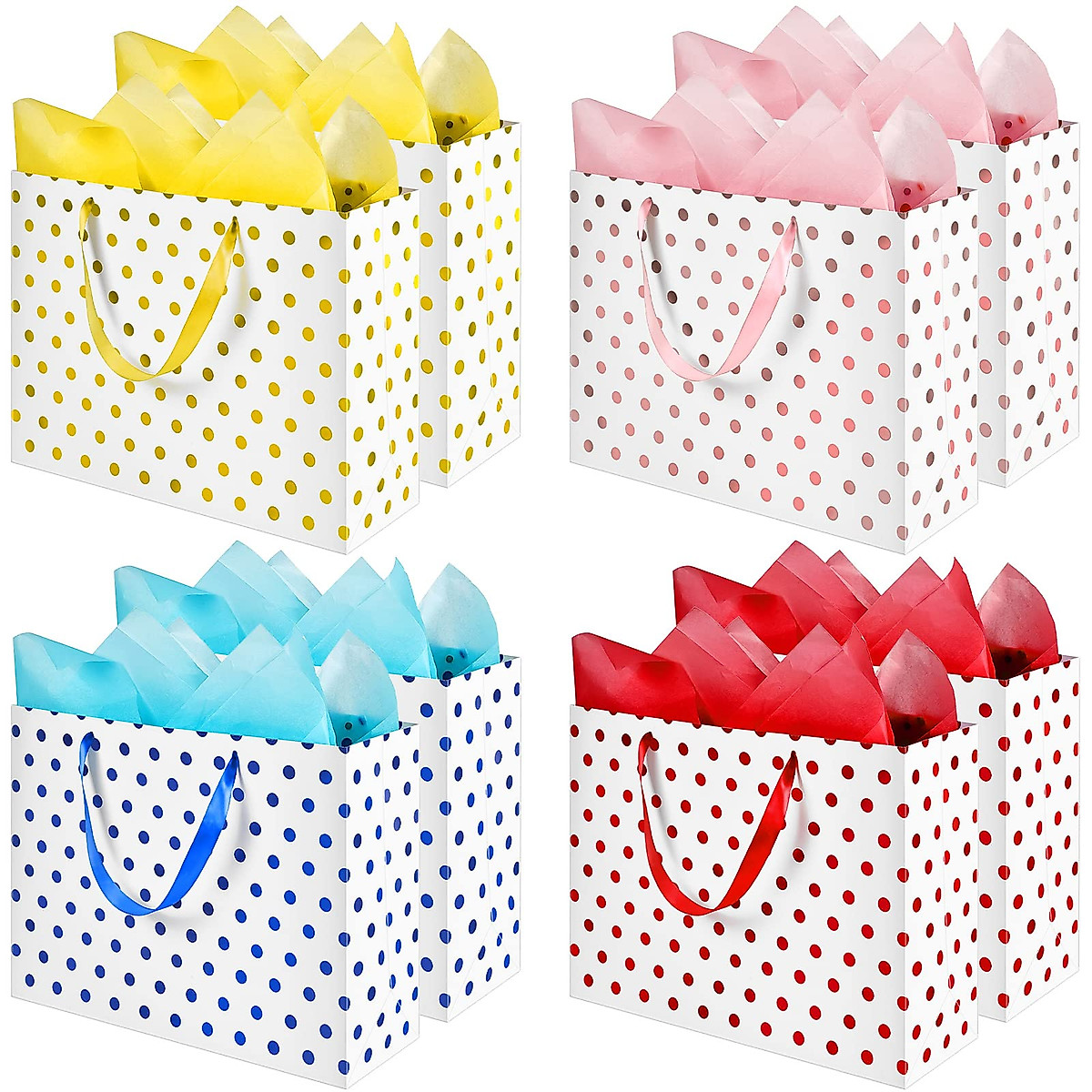 8 Pcs 16'' Extra Large Gift Bags Metallic Dots Present Bags with Handles and Paper for Wedding Holiday Birth Party (Colored)