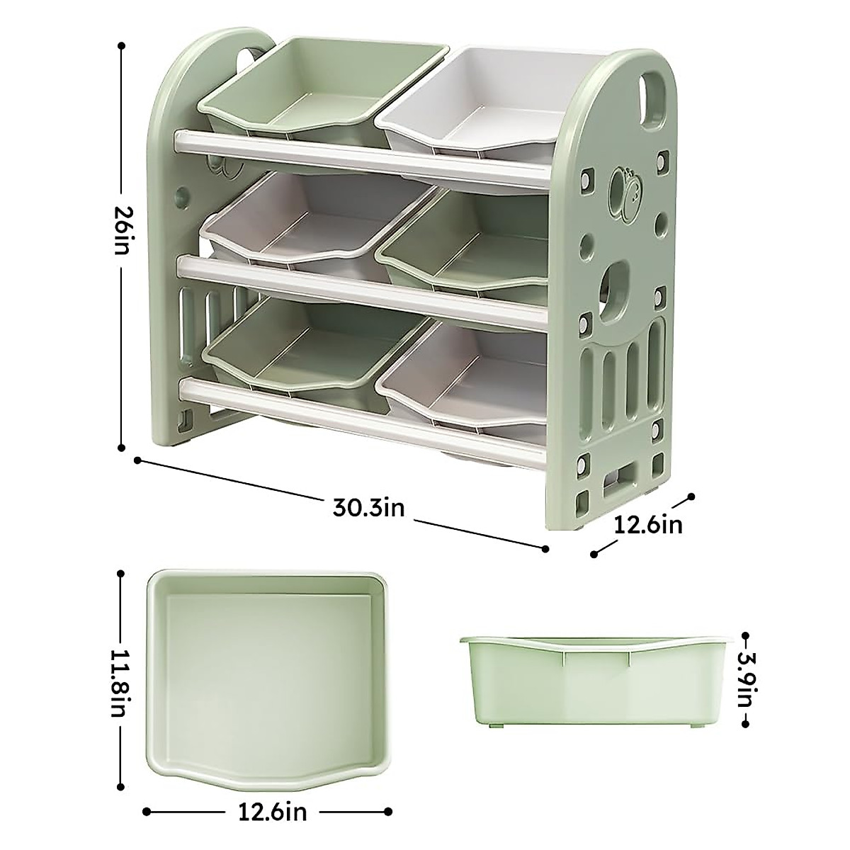 Kids Toy Storage Organizer, 3-Tier Multi-Functional Toy Shelf and 6 Toy Bins, Large Storage Capacity Toy Storage Cabinet for Kids Room, Playroom, Nursery Room(Light Green)