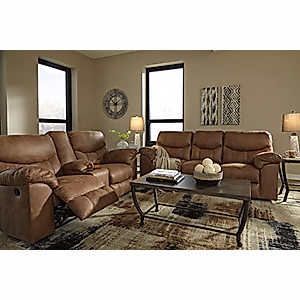 Signature Design by Ashley Boxberg Oversized Faux Leather Manual Double Reclining Loveseat with Center Console, Brown