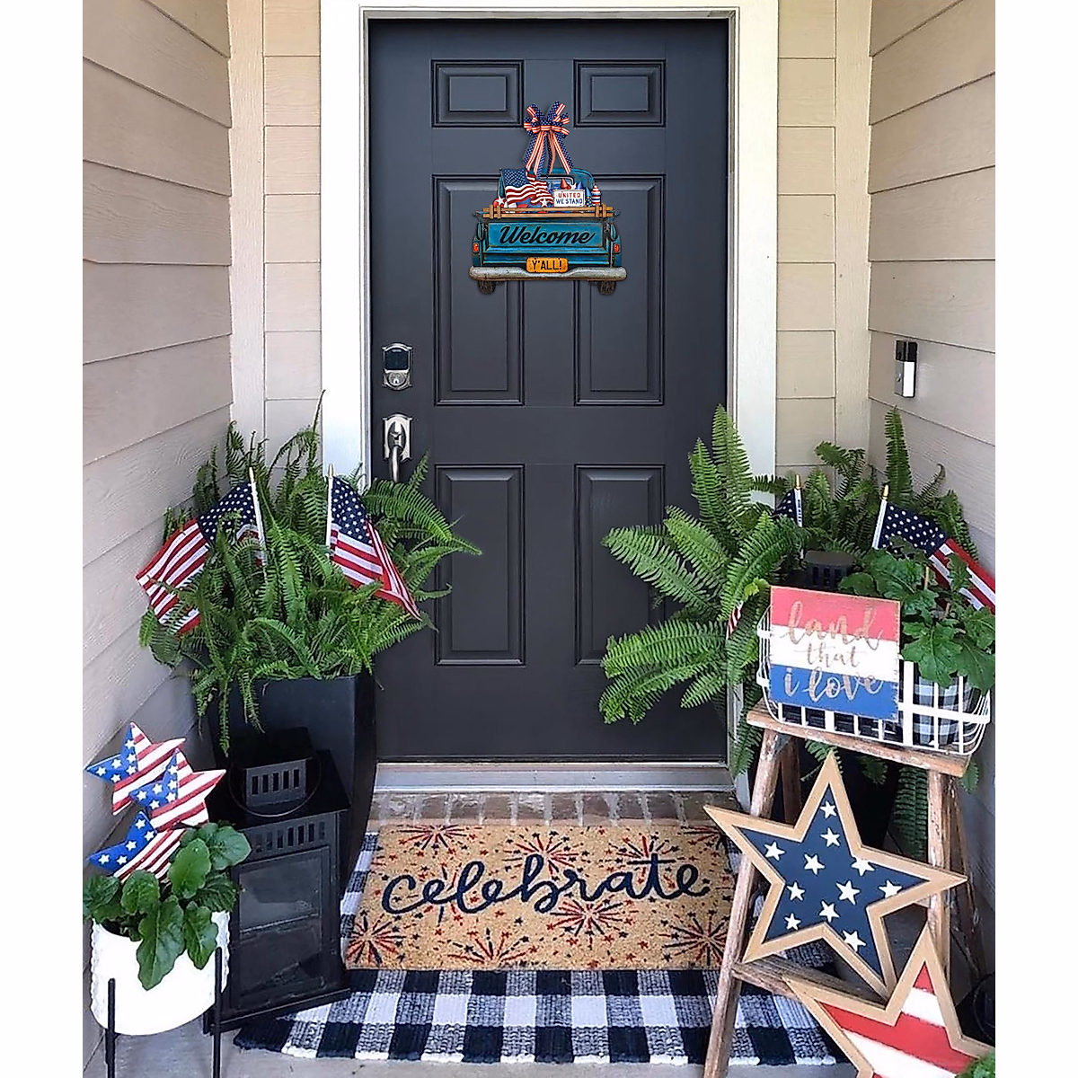 Interchangeable Welcome Sign for Front Door Blue Farmhouse Truck Decor Hanging Sign with 11 Interchangeable Seasonal and Holiday Decor Signs 12x14 in. (Blue Farmhouse Truck)