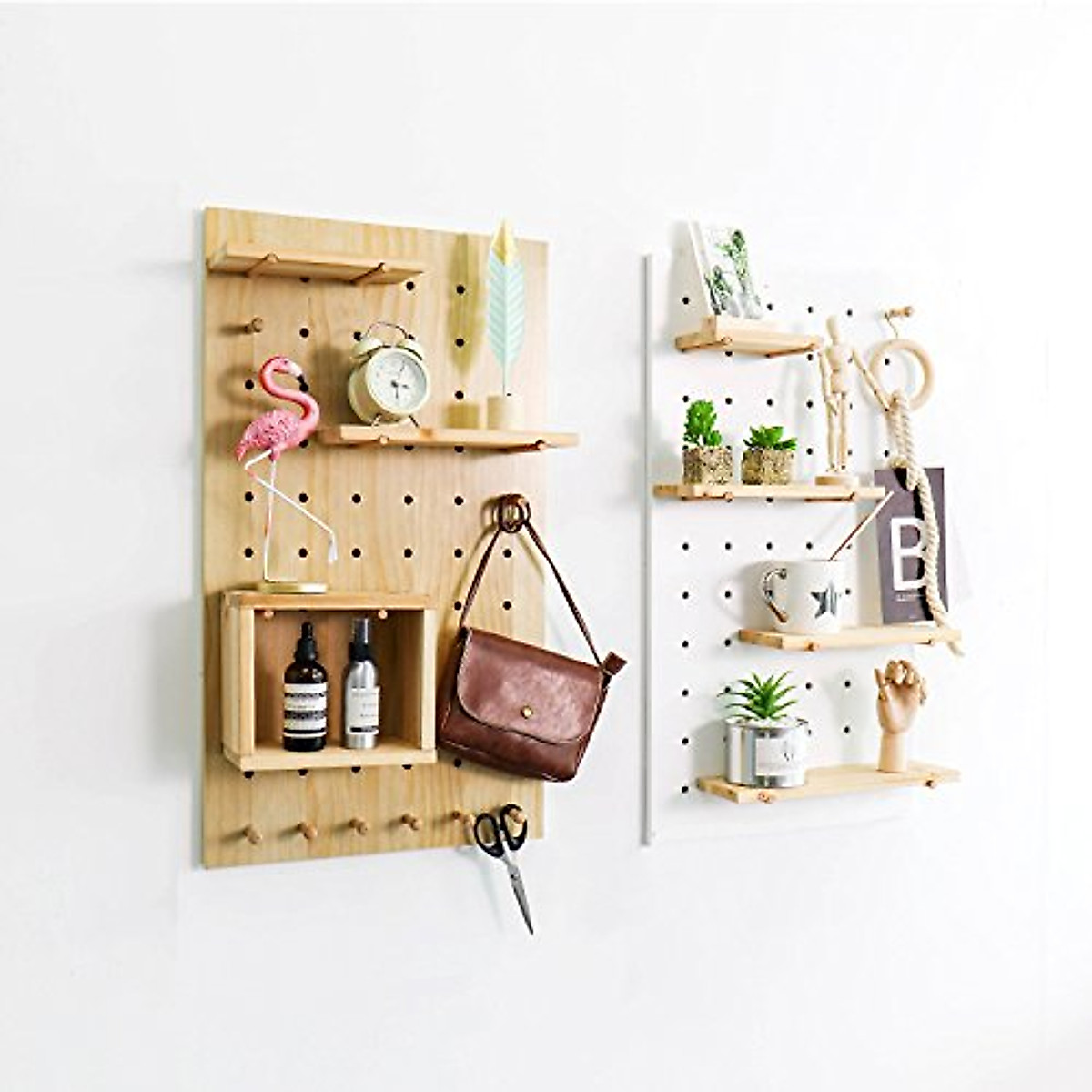 Creation Core Wooden Pegboard with 2 Floating Shelves & 6 Pegs Hooks Wall Storage Organizer System for Office Home Kitchen Decor 15.7x15.7, White