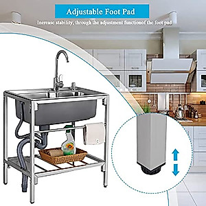 Stainless Steel Sink, 68 * 44cm Kitchen Home Sink, All-in-One Standing Utility Small Wash Basin 1 Compartment Hygienic Robust Sink for Outdoor Indoor Garage Kitchen Laundry