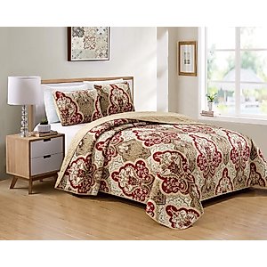 Kids Zone Home Linen Bedspread Set Damask Pattern Taupe Burgundy Brown New (King/California King)