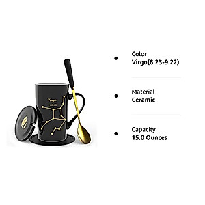 Fullcci -15oz Virgo Birthday Gift Ceramic Creative Constellation Zodiac Coffee Mug Set Capacity Upgrade Tea Cup for Cocoa Water Milk Juice (Virgo-Black Gold)