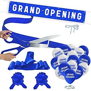 Grand Opening Blue Ribbon Cutting Ceremony Kit - 25" Giant Scissors with Blue Satin Ribbon, Banner, Balloons,Bows and More Supplies Grand Opening Decorations for Business