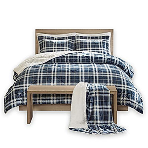 Comfort Spaces Aaron Sherpa Comforter and Throw Combo Set, Ultra Softy Fluffy Warm Checker Plaid Pattern Cold Weather Bedding, Full/Queen, Navy,CS10-0409