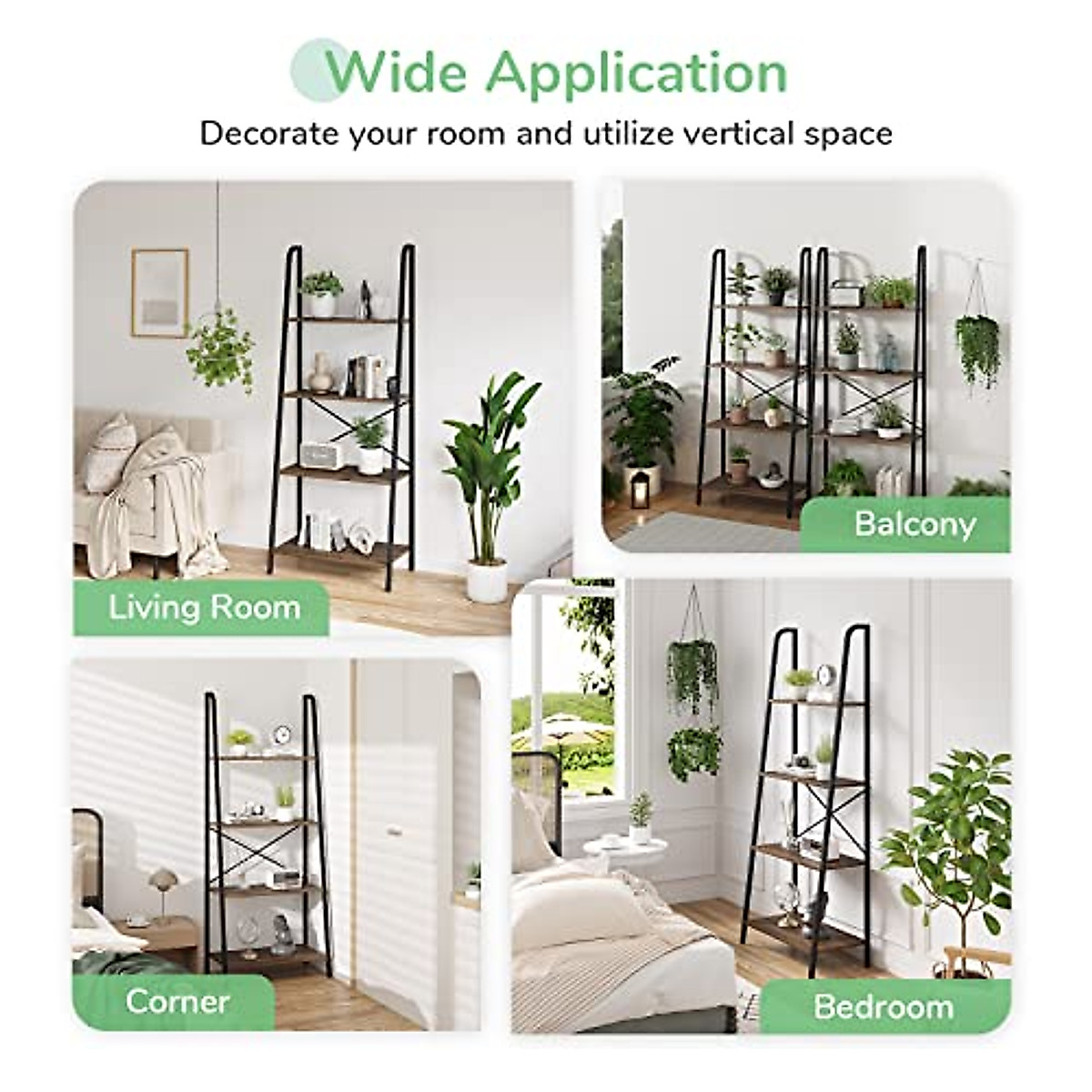 Novilla Bookshelf, 4-Tier Bookcase, Freestanding Storage Ladder Shelves for Home/Office/Living Room/Balcony/Bedroom, Walnut