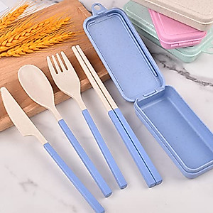 JIABEIUS 4 Sets Collapsible Reusable Utensils Set with Case, Wheat Straw Portable Utensils Include Spoon Knife Forks Chopsticks for Adult Travel Picnic Camping Or Birthday Use