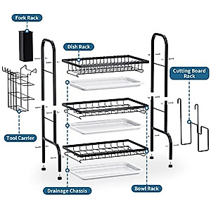 DUANFEE Dish Drying Rack for Kitchen Counter, 3 Tier Dish Rack with Drainboard, Large Dishes Racks Rustproof Dish Dryer Rack, Black