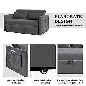 Ucloveria Sleeper, Pull Bed with 2 Detachable Arm Pockets, Adjustable Velvet Loveseat Futon Couch for Living Room Bedroom, 55" 2-Seater Lounge Sofa, Classic Grey