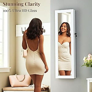 LUXFURNI Jewelry Cabinet, Wall-Mount/Door-Hanging Full Length Mirror With Storage, Lockable Armoire Organizer, Built-in Makeup Mirror, White