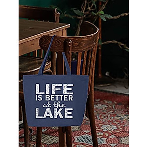 shop4ever® Life is Better at the Lake Heavy Canvas Tote with Zipper Sayings Reusable Shopping Bag 12 oz Navy -Pack of 1- Zip