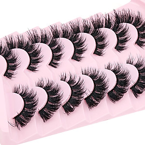 JIMIRE Mink Lashes Natural Look Silk False Eyelashes Fluffy Cat Eye 6D Wispy Faux Mink Lashes Flat Soft Strips 15MM Fake Lashes 7 Pairs Pack