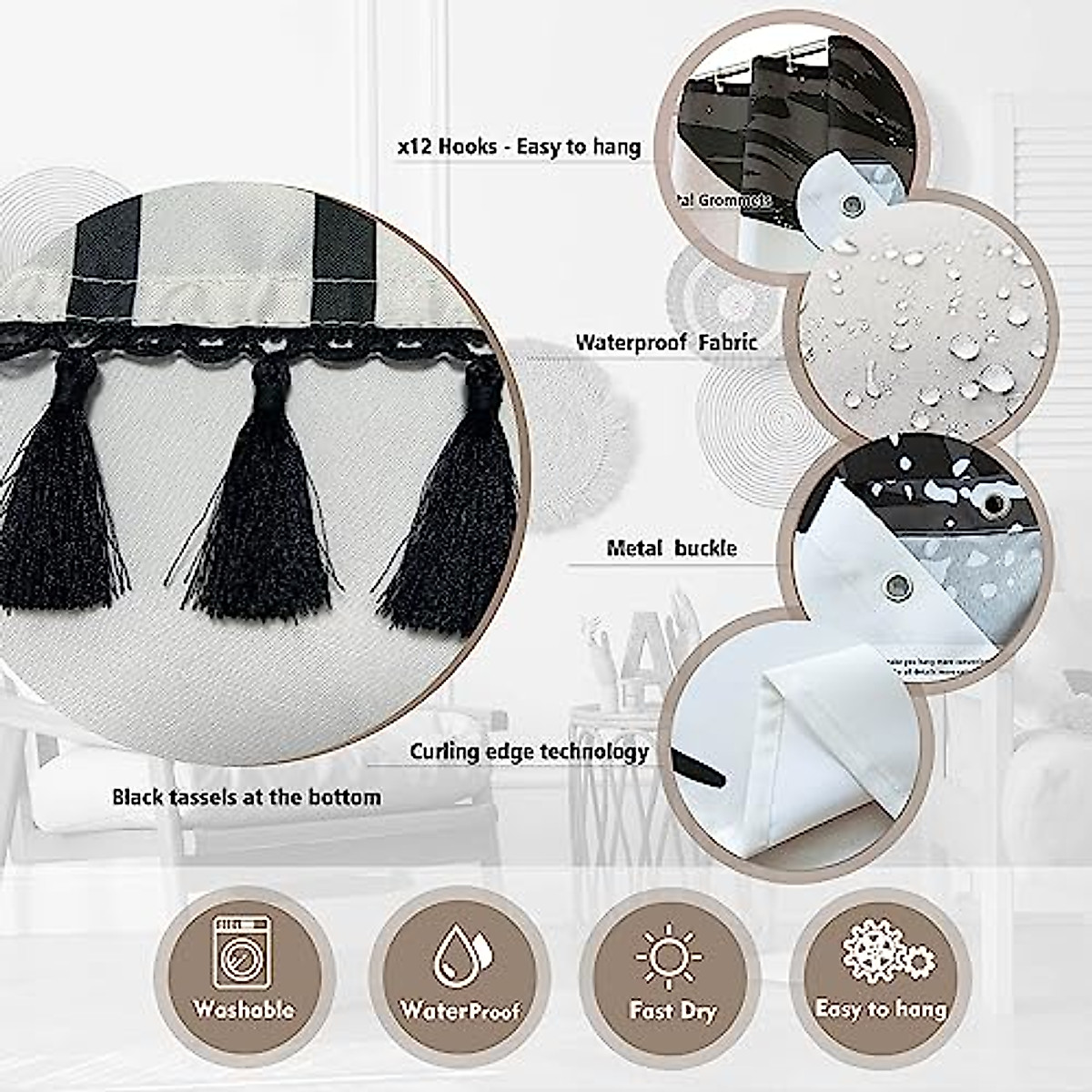 GiuMsi 72"X72" Boho Mid Century Black and White Shower Curtain Sets with Tassel Pendants Arch Sun Modern Minimalistic Leaves Bathroom Curtains Waterproof Durable Ployester 12 Hooks Home Decorations