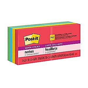 Post-it Super Sticky Notes, 2 in x 2 in, 8 Pads, 2x the Sticking Power, Playful Primaries Collection, Primary Colors (Red, Yellow, Green, Blue, Purple), Recyclable (622-8SSAN)