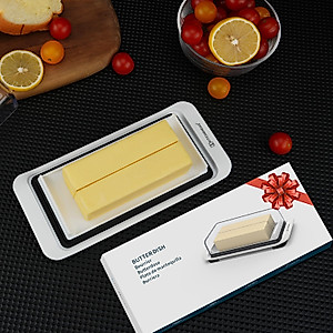 KITCHENDAO Large Airtight Butter Dish with Lid for Countertop and Fridge, Butter Keeper, Plastic Butter Holder Tray for 2 Sticks East Coast/West Coast/European Style/ Kerrygold Butter/ Cream Cheese