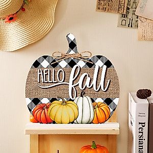 Geetery Thanksgiving Hello Fall Pumpkin Sign Decorations 12 Inch Double Printing Wooden Autumn Buffalo Plaid Welcome Tabletop Decor Farmhouse Thanksgiving Decorations for Harvest Living Room