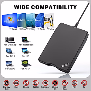 Tendak USB Floppy Disk Drive, Floppy Disk Reader 3.5 inch Portable USB External 1.44MB FDD Diskette Drive for Windows 11/10/8/7/2000/XP/Vista PC Laptop, Plug and Play (Black)