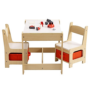 Bophy Kids Table and Chair Set, 3 in 1 Children Activity Table w/Storage, Removable Tabletop, Blackboard, 3-Piece Toddler Furniture Set for Art, Crafts, Drawing, Reading, Playroom (Natural)