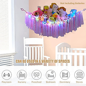 Cicening Stuffed Animal Net or Hammock with Tassels LED Storage Net for Stuffed Animals Holder and Plush Toy Hammock Handmade Soft Corner Hanging Netting Toy Holder for Kids Room Playroom(Pink)