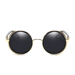 Dollger Steampunk Vintage Retro Round Sunglasses Metal Circle Frame (Black Lens+Gold Frame,100% UV Protection Lens)