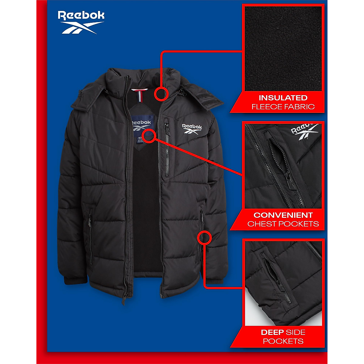 Reebok Boys' Winter Jacket - Heavyweight Quilted Puffer Parka Coat - Insulated Ski Jacket for Boys (8-20), Size 10/12, Black