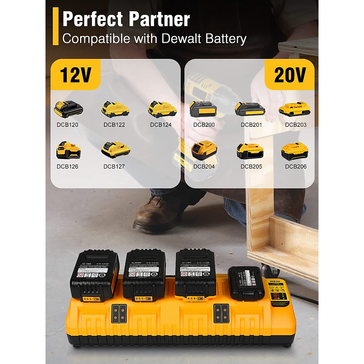 COOMYXIN DCB104 Replacement Charger Station for Dewalt 20V Batteries - 4-Port Multi Battery Charger with 2 USB Ports - Compatible with Dewalt 12V 20V Power Tools (No Batteries Included)