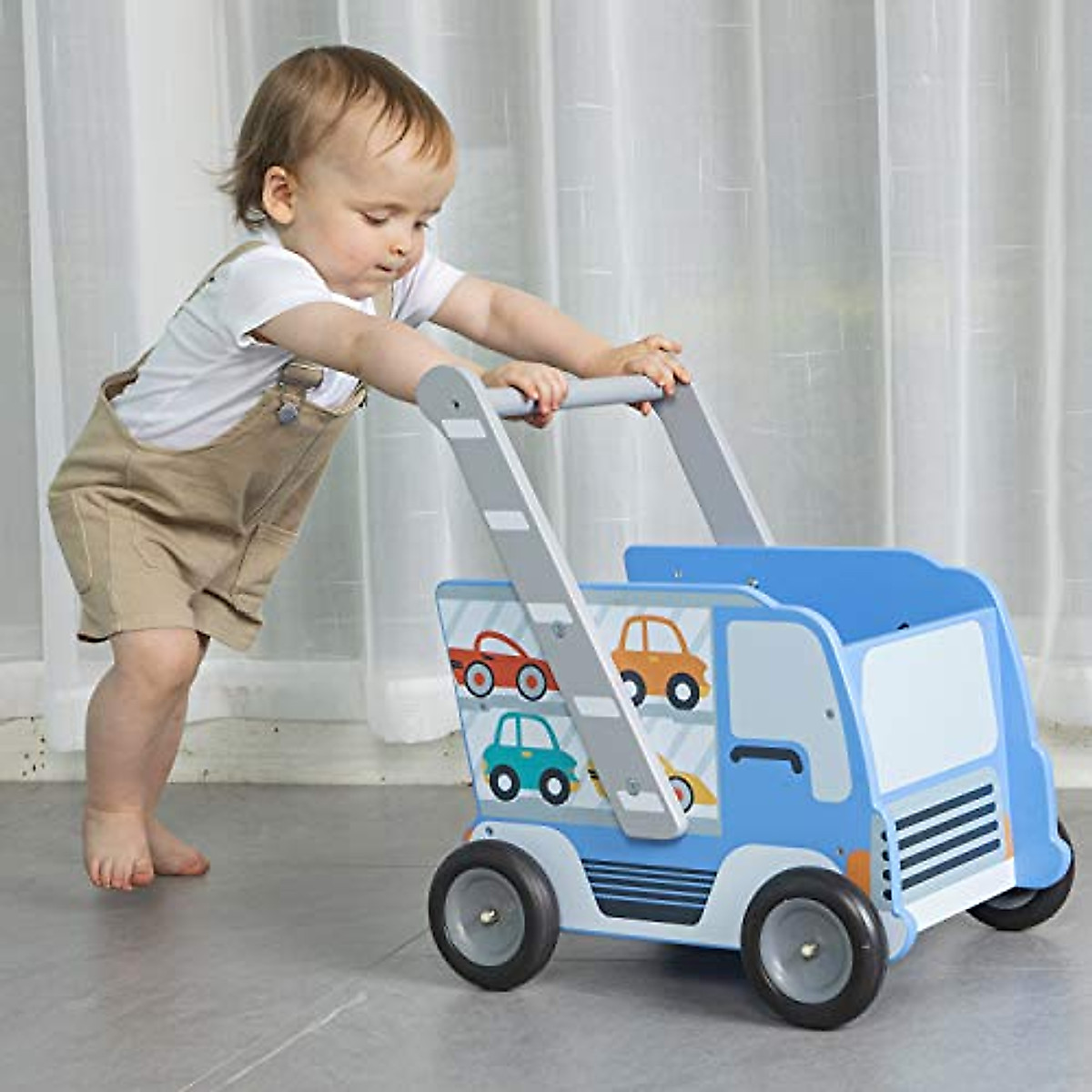 labebe Baby Wooden Learning Walker, 2-in-1 Toddler Push & Pull Toys Stroller Pushing Walker, Infant Sit to Stand Wood Walker Wagon, Transfer Cart Toy for Girls & Boys 1-3 Years Old Kids, Blue