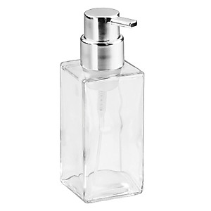 mDesign Modern Square Glass Refillable Foaming Hand Soap Dispenser Pump Bottle for Bathroom Vanities or Kitchen Sink, Countertops - Clear/Chrome