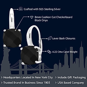 Gem Stone King 925 Sterling Silver Black Onyx Earrings For Women (4.22 Cttw, Gemstone Birthstone, Cushion Checkerboard Cut 8MM)