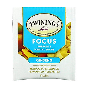 Twinings Focus Tea - Mango & Pineapple Flavoured Hibiscus Tea with Revitalizing Ginseng Root, Naturally Caffeine-Free Herbal Tea Bags Individually Wrapped, 18 Count