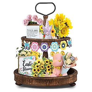 Tiered Tray Decor, Farmhouse Tiered Tray Round Brown Wooden Rustic Ornaments, Two Tiered Tray for Coffee Plate Cakes Dessert Fruit Platters