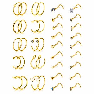 Tornito 20G 38Pcs Stainless Steel L Bone Screw Shaped Nose Studs Nose Rings CZ Hoop Tragus Cartilage Nose Ring Labret Nose Piercing Jewelry for Men Women Rose Gold Tone (G:38Pcs, Gold&Screw)