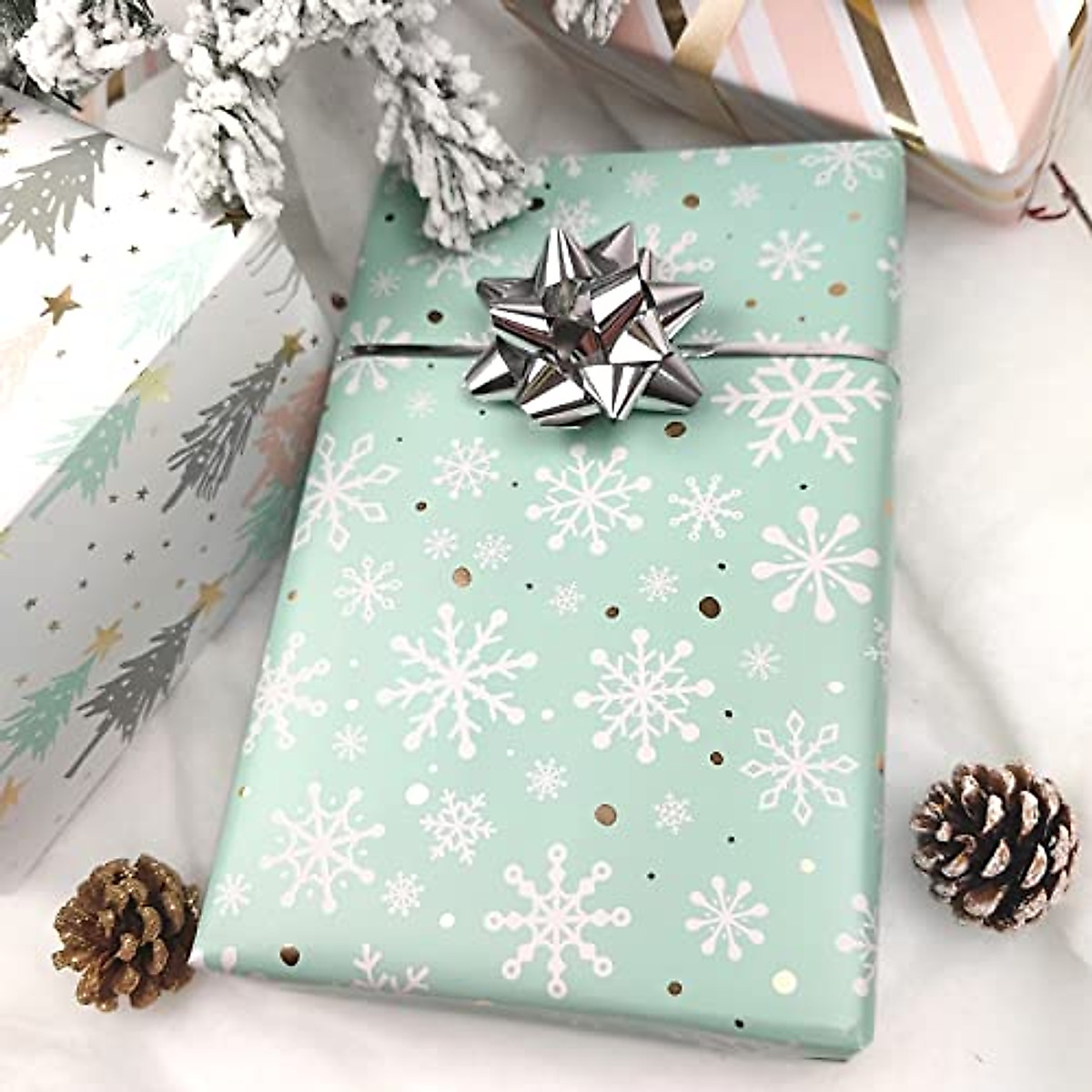 LDGOOAEL Mini Short Small Christmas Wrapping Paper Roll with Cut Lines on Reverse (17" X 120" Per Roll) - Peachy Pink & Mint Blue - Snowflakes, Reindeer for Holiday, Birthday, Wedding, Baby Shower