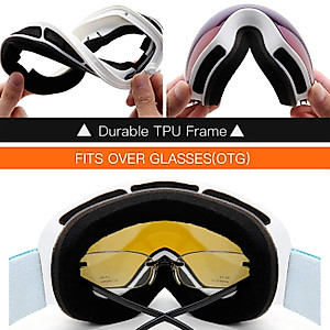 JULI Kids Ski Goggles,Interchangeable Double Layer Spherical Lens,OTG Anti-Fog Snowboard Skate Snow Goggles Age 4-16 4300（White/Blue）